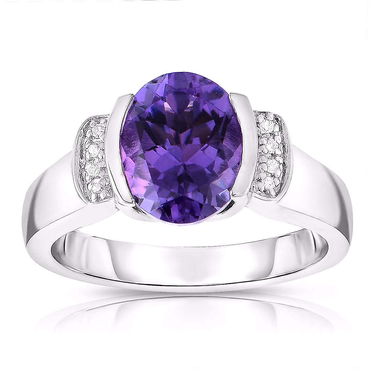 KOKAV 925 Sterling Silver Genuine Amethyst 2-1/2 Ct, Diamond Ring. Size 7