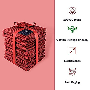 ORMYSA 100% Cotton Red Waffle Weave Dish Cloths for Washing Dishes - Pack of 8, 12"x12" Dishcloths for Kitchen, Fast-Absorbing, Quick-Dry, Super Soft Dish Rags