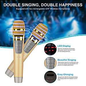 RHM K666 Karaoke Machine with Powerful & Clear Sound, 2 Wireless Microphones, Rechargeable Battery, 8 Hours Playtime, Support Bluetooth/AUX/USB/PC for Home, Party, Wedding, Picnic, Outdoors Activities