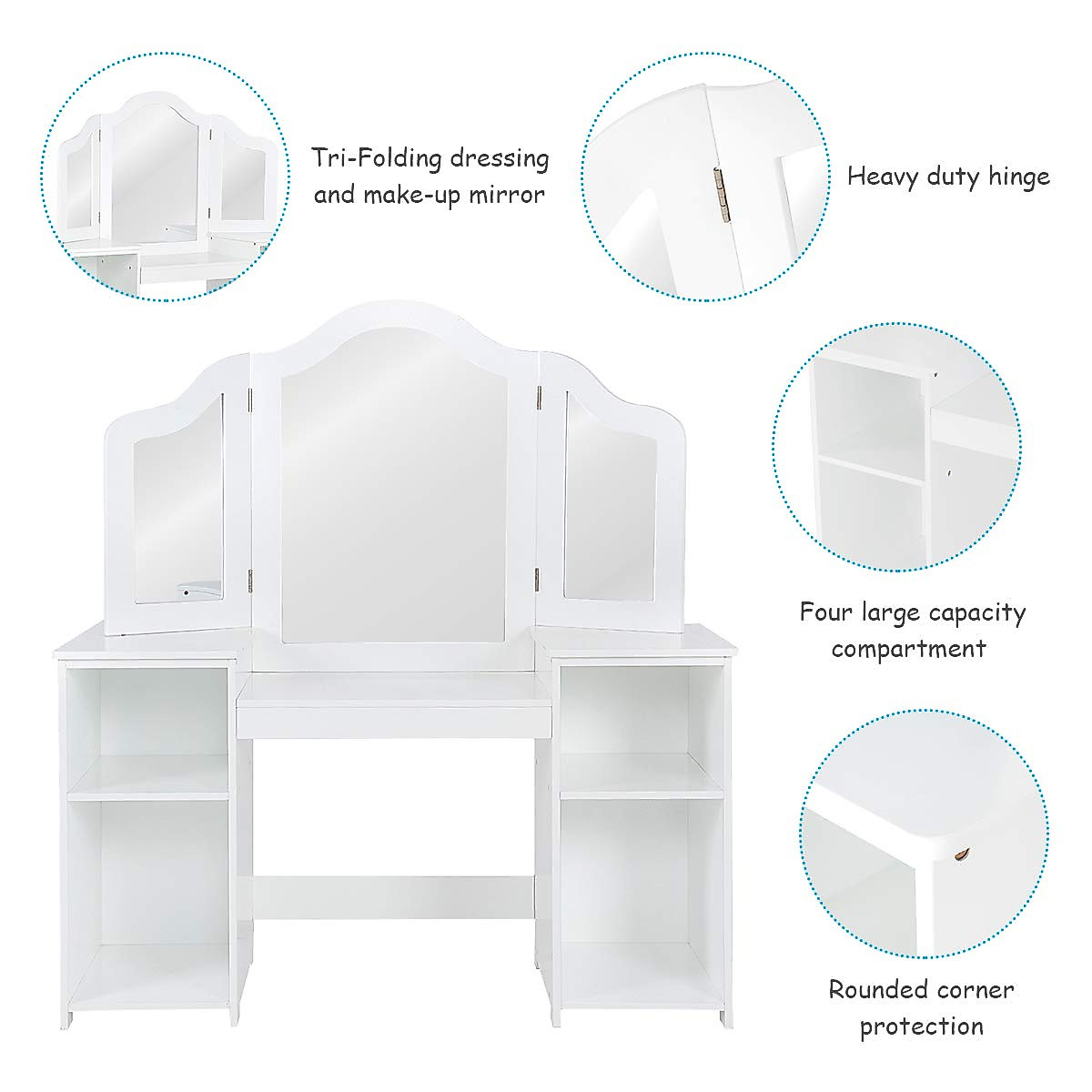 GOFLAME Kids Vanity Table, 2 in 1 Detachable Design with Dressing Table and Writing Desk, Princess Makeup Dressing Table with 4 Large Storage Shelves and 3-Panel Mirror for Kids and Girls (White)