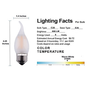 OPALRAY C35 6W(60W Incandescent Replacement) LED Candelabra Bulb, LED Filament Bulb with E26 Medium Base, Soft Warm White Light, Eye-Protect Frosted Glass Housing, Dimmable, Flame Tip, 5-Pack