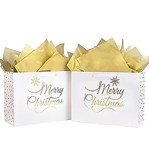 WRAPAHOLIC Christmas Gift Bags - 6 Pack Large Size White Gold Foil Merry Christmas Lettering Bags with 18 Sheets Wrapping Tissue Paper - 16" x 6" x 12"