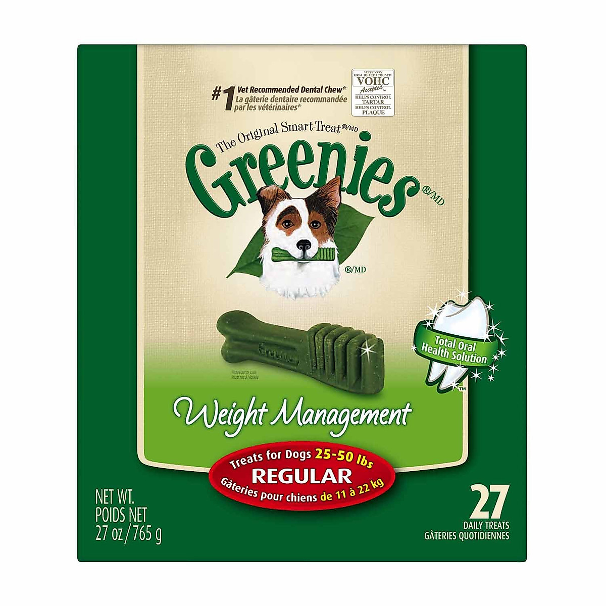 Greenies Weight Management Regular Natural Dog Dental Care Chews Weight Control Dog Treats, 27 oz. Pack (27 Treats)
