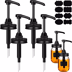 4 Pack Mason Canning Jar Syrup Dispenser Coffee Syrup Dispenser Pump Lids Set with Labels and Pen Honey Dispenser Syrup Pump for 16 oz Regular Mouth Mason Canning Jars