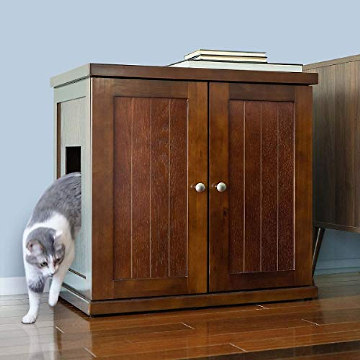 THE REFINED FELINE Cat Litter Box Enclosure Cabinet, Cottage, Mahogany Brown, Adjustable Levelers, Large, Hidden Litter Cat Furniture with Drawer