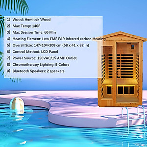 Xmatch Saunas 902V Far Infrared Sauna, Outdoor Wooden Dry Sauna Low EMF (Hemlock Wood, 2-Person Size)