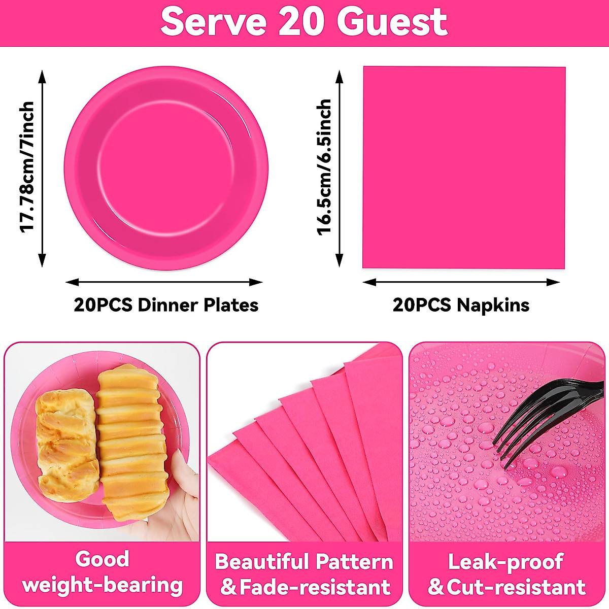 Hot Pink Party Supplies Hot Pink Plates and Napkins for Hot Pink Party Decorations Hot Pink Disposable Table Cover Hot Pink Tableware for Bridal Wedding Birthday Party Baby Shower Serve 20
