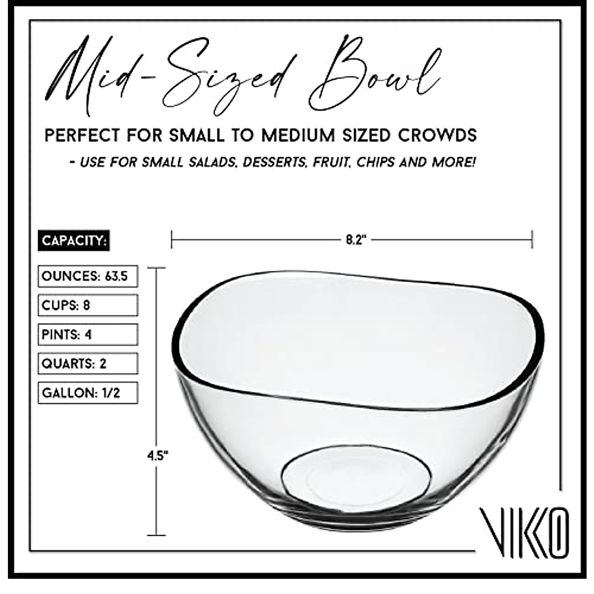 Vikko Glass Serving Bowl, 63.5 Ounce Beautiful Wavy Design, Thick and Durable Glass Mixing Bowl, For Salads, Desserts, Fruit, and More, Microwave and Dishwasher Safe Glass Serving Bowl, 8.2” x 4.5”