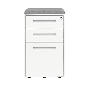 Laura Davidson Furniture STOCKPILE Seated 3 Drawer Mobile File Cabinet with Removable Magnetic Cushion Seat - Metal Filing Cabinet, Pre-Assembled, White with Grey Cushion