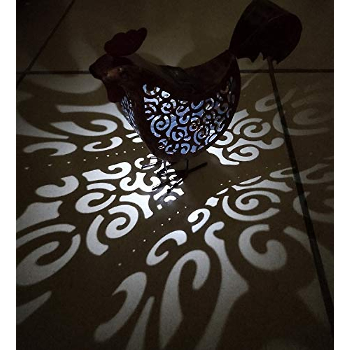 JFRISING Solar Metal Scroll Rooster Garden Sculpture, 3 D Rooster Statue Lantern Lights Table Outdoor Solar Light Art Decor & Ornament for Patio Courtyard for Harvest Thanksgiving Halloween Christmas