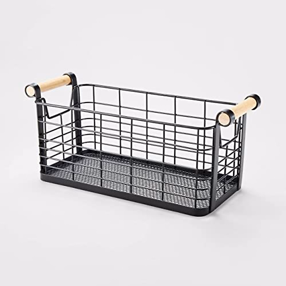 Black Little Rectangular Wire Basket with Natural Wood Handles