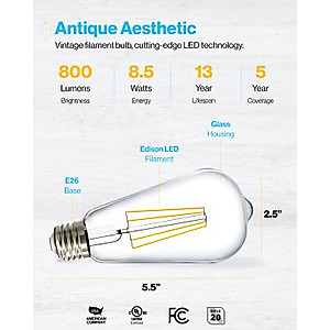 Sunco 16 Pack 60W Vintage LED Edison Bulbs Equivalent 8.5W CRI92 800 Lumens, Dimmable ST64 Filament 3000K Warm White E26 Medium Base Light Bulbs High Brightness Clear Glass Waterproof - UL