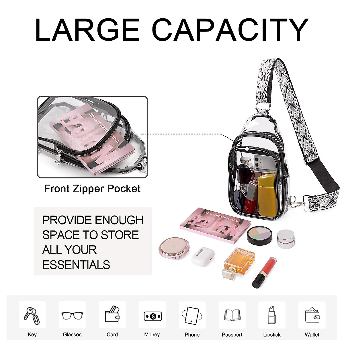 CLUCI Clear Bag for Stadium Events, Clear Bag Purses for women Crossbody Transparent, Crossbody Purses for Concerts Sports Black
