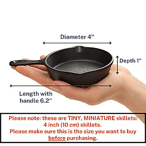 KUHA Mini Cast Iron Skillets 4” - 6-Pack of Pre-Seasoned Miniature Skillets - with 6 Small Silicone Trivets and Cast Iron Scraper