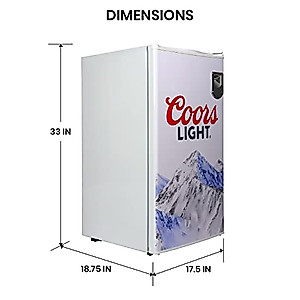 Coors Light Rocky Mountain 3.2 cu ft (90L) refrigerator Compact Fridge Bottle Opener White Space Saving Flat Back Design Reversible Door Adjustable Temperature Control Tempered Glass Shelves Office RV