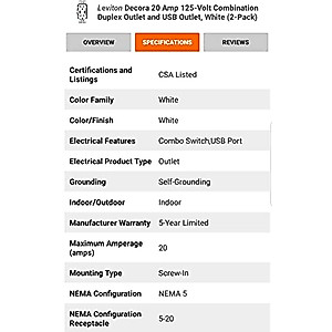 Leviton T5832-2BW USB Dual Type-A in-Wall Charger with 20 Amp, 125 Volt Tamper-Resistant Outlet, White