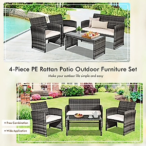 Toolsempire Outdoor Conversation Set, 4 Pieces Wicker Patio Furniture Set with Ergonomic Curved Design, Patio Chair Set with Water-Resistant Cushion & Tempered Glass Table for Backyard, Porch(Beige)