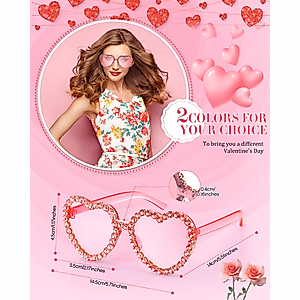 TOODOO 2 Pairs Rhinestone Heart Sunglasses Red Heart Shape Rimless Sunglasses for Women Transparent Heart Glasses (Pink, Rose Red)