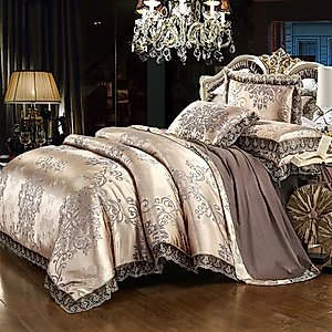Teinopalpus Satin Embroidery Duvet Cover Set Full/Queen Size Cotton Sateen Luxury European Neoclassical Style Jacquard Lace Comforter Cover and 2 Pillowcases,3 Piece