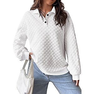 Dokotoo Womens Waffle Knit Tops Loose White Plus Size Oversized Sweatshirt for Women 2025 Fashion Fall Trendy Quarter Button V Neck Casual Patchwork Pullover Sweatshirts Shirts XXLarge