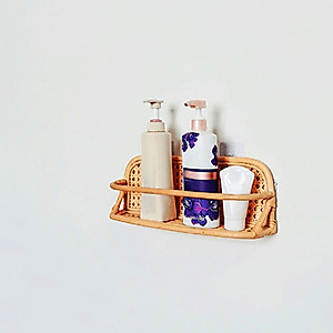 Rattan Wall Shelf Floating Shelf Decorative, Natural Rattan Hanging Rack Wall Storage Shelf, Wall Mounted Natrual Rattan and Wood Storage Hanging Shelves for Kitchen Bathroom