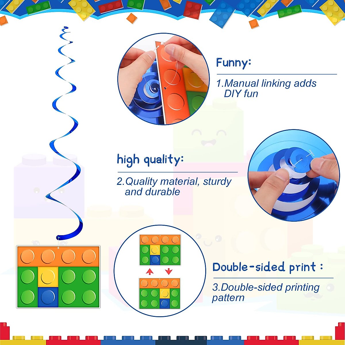 30 Pcs Building Blocks Party Favors Building Blocks Hanging Swirl Decoration Set 16 Pcs Building Block with Single Hanging Swirl and 14 Pcs Double Hanging Swirl for Building Block Theme Birthday Decor