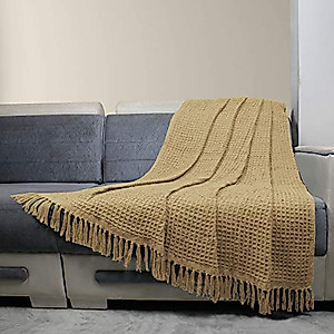 Rustic Farmhouse Throw Blanket - 50x60 Inches Sand Brown Cotton Honeycomb Woven Boho Blankets Soft and Cozy Throws with Decorative Tassels