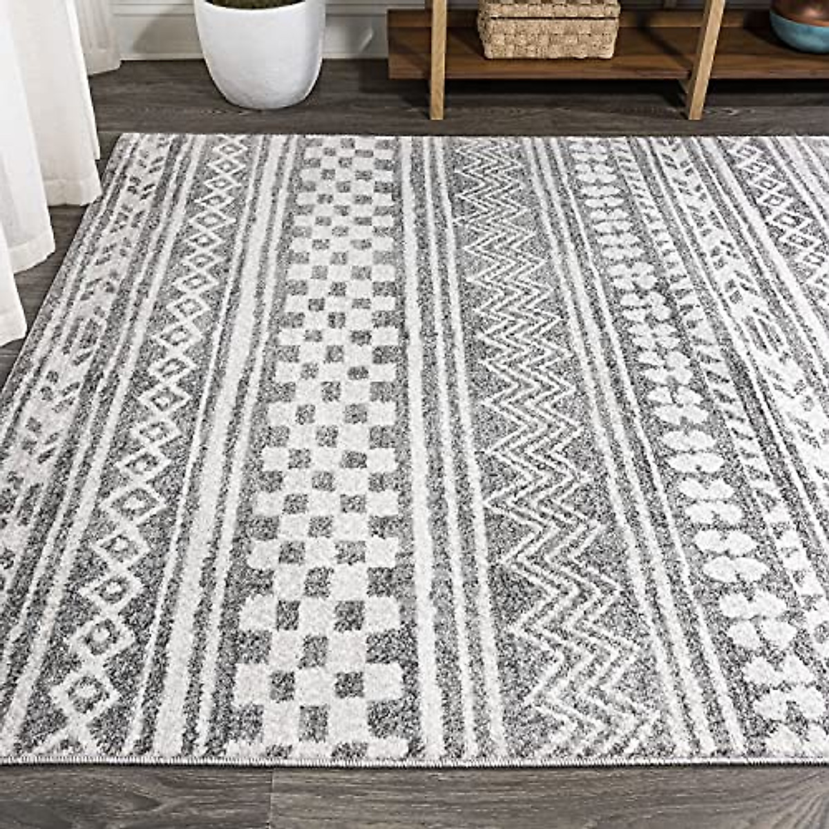 Eyely HOM303A-8 Moroccan Hype Imlil Tribal Geometric Stripe Indoor Area Rug Bohemian,Casual;Vintage, Bedroom, Kitchen, Living Room, Easy-Cleaning, Non-Shedding, 8 X 10, Light Gray/Cream