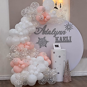 Pink Winter Wonderland Balloon Garland Arch Kit Pink White Metallic Silver With Large Snowflake Balloon for Christmas Princess Girl A Little Snowflake is on The Way Baby Shower Birthday Party Decor