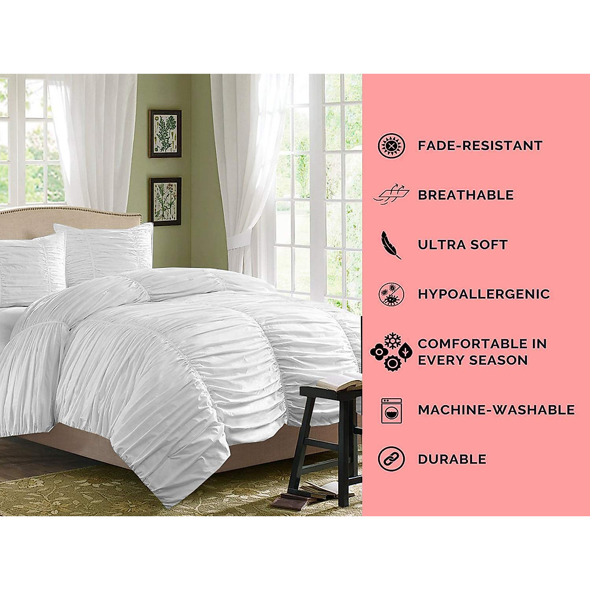 BedDecor 3 Piece Ruched Pattern Duvet Set with Zipper & Corner Ties 100% Egyptian Cotton 500 Thread Count Premium Hotel Quality Decorative Bedding (Ivory,Full/Queen)