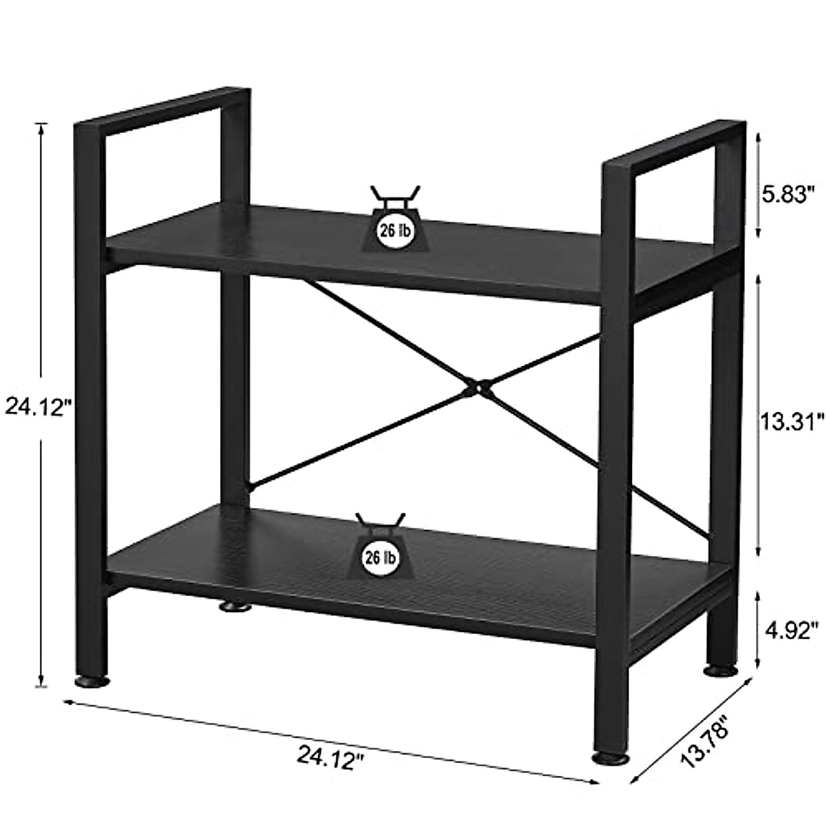BEWISHOME 2 Tier Small Bookshelf, Black Industrial 2 Shelf Wooden Storage Bookcase with Metal Frame, Mini Shoe Rack with Short Shelves for Hallway, Bedroom, Living Room and Home Office JCJ52B