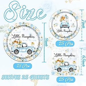 Little Pumpkin Paper Plates and Napkin Pumpkin Baby Shower Party Decorations for Boy A Little Sweet Pumpkin is On The Way Blue Floral Truck Disposable Tableware Party Supplies Favor for 25 Guests