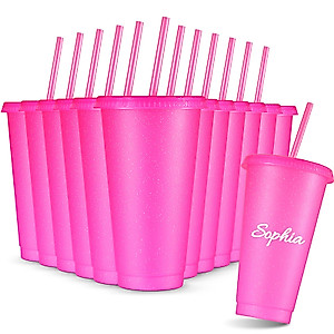 Amyhill 12 Pcs Reusable Cups with Lids and Straws 24 oz Plastic Tumbler Iced Coffee Cup Travel Mug for Smoothie Juices Birthdays Sleepover Party Supplies for Girls(Hot Pink, Shiny Color, 12 Pcs)