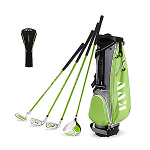 KVV Junior Complete Golf Club Set for Kids/Children Right Hand, 4-Piece Set Includes Oversize Driver, S# & 7# Irons, Putter, Head Cover, Portable Golf Stand Bag(Lime8-10)