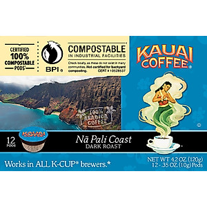 Kauai Coffee Single-Serve Pods, Na Pali Coast Dark Roast – Arabica Coffee from Hawaii’s Largest Coffee Grower, Compatible with Keurig K-Cup Brewers - 12 Count