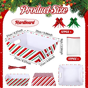 12 Pcs Christmas Basket For Gifts Empty Kit 9.8 x 8.3'' Red Green Candy Stripes Cardboard Basket to Fill Bulk with Handle Shrink Wrap Bags, Pull Bow, Raffle Gift for Holiday Xmas Decorations