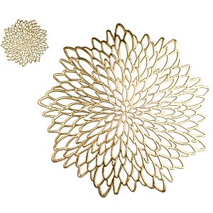 Snowkingdom Pairs of 18 Gold Metallic Round Placemats & Coasters 36 PCS Matching, Bulk Round Pressed Vinyl Leaf Dinning Kitchen Table Mats Decoration for Christmas Wedding Thanksgiving Party
