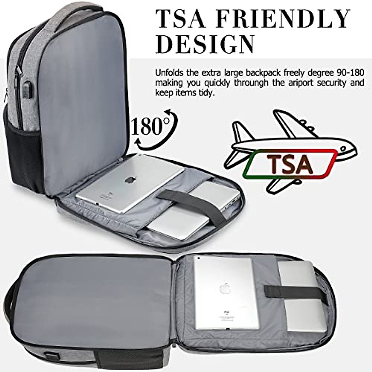 Backpack for Men and Women, School Backpacks for Teen Boys Water Resistant TSA Travel Backpack with USB Charging Port, Business Anti Theft Durable Computer Bag Gifts Fits 15.6 Inch Laptop, Grey