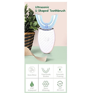 CeqCin Adult Sonic Electric Toothbrush Set U-Shaped Toothbrush 4 Modes Built-in Smart Timer Teeth Whitening Hands Free Toothbrush(Pink)