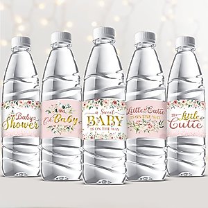 Colarr 72 Pcs Pink Baby Shower Water Bottle Labels Baby Shower Water Bottle Wrappers for Girls Water Bottle Labels Pink Gold Flower Baby Shower Party Decoration Floral Baby Shower Party Supplies
