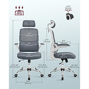 VASAGLE Office Chair, Ergonomic Design, Lumbar Support, High Back Desk Chair, Mesh Computer Chair, Foldable Armrests, Adjustable Headrest, Tilt Function, for Home Office, Dove Gray UOBN040G21