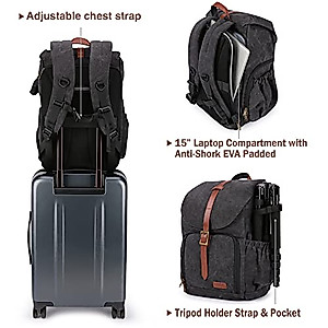 BAGSMART Camera Backpack, DSLR SLR Waterproof Camera Bag Backpack, Anti-Theft Photography Backpack with 15 Inch Laptop Compartment, Tripod Holder & Rain Cover, Black