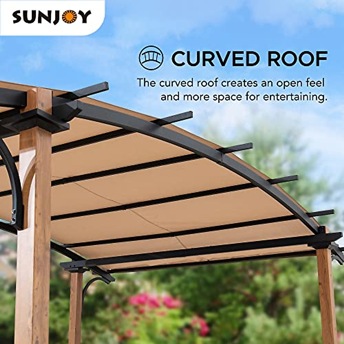 Sunjoy Outdoor Pergola 8.5 x 13 ft. Steel Arched Pergola with Tan Weather-Resistant Fabric Canopy for Patio, Backyard, Garden Activities