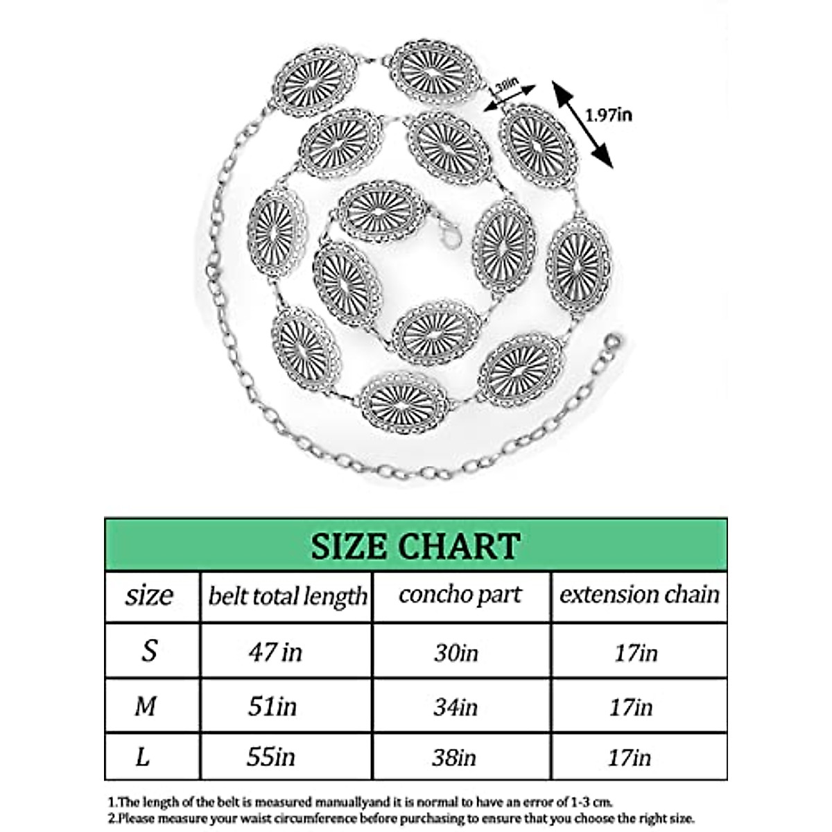 trypro Metal Waist Chain Belt for Women Western Cowgirl Adjustable Concho Silver Chain Belts for Dresses Jeans Gift