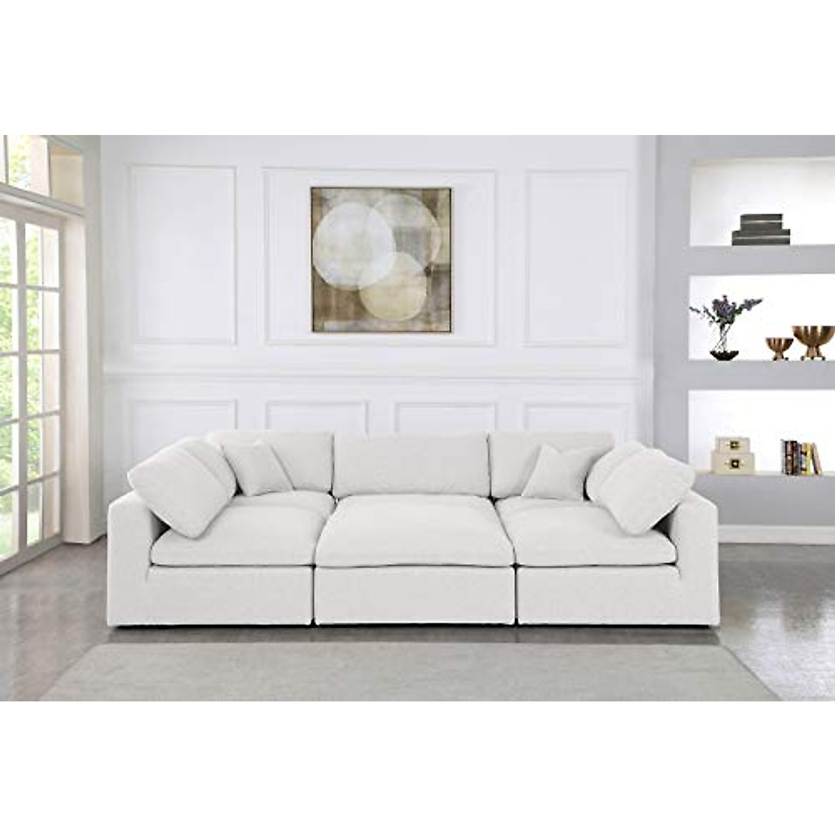 Meridian Furniture Serene Collection Modern | Contemporary Deluxe Comfort Modular Sectional, Soft Linen Textured Fabric, Down Cushions, 2 Corner + 3 Armless + 1 Ottoman, Cream