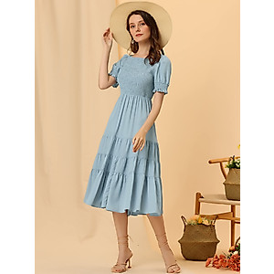 Allegra K Peasant Smocked Dress for Women's Short Sleeve Midi Summer Casual Tiered A-Line Dress Medium Blue