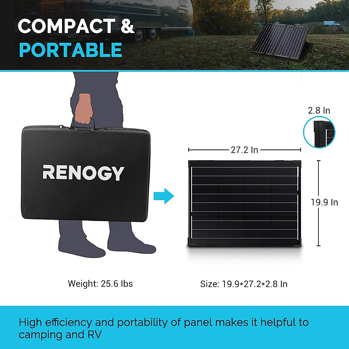 Renogy 100 Watt 12 Volt Monocrystalline Off Grid Portable Foldable 2Pcs 50W Solar Panel Suitcase Built-in Kickstand with Waterproof 20A Charger Controller & Solar Panel Connector Assembly Tool