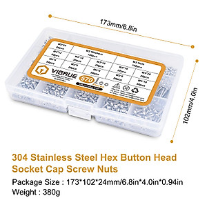 VIGRUE 570PCS Stainless Steel M3 Button Head Hex Socket Cap Screw Bolts, M3 x 4/5/6/8/10/12/14/16/18/20/25mm Screw and Nuts Flat Washer Assortment Kit, Fully Machine Thread