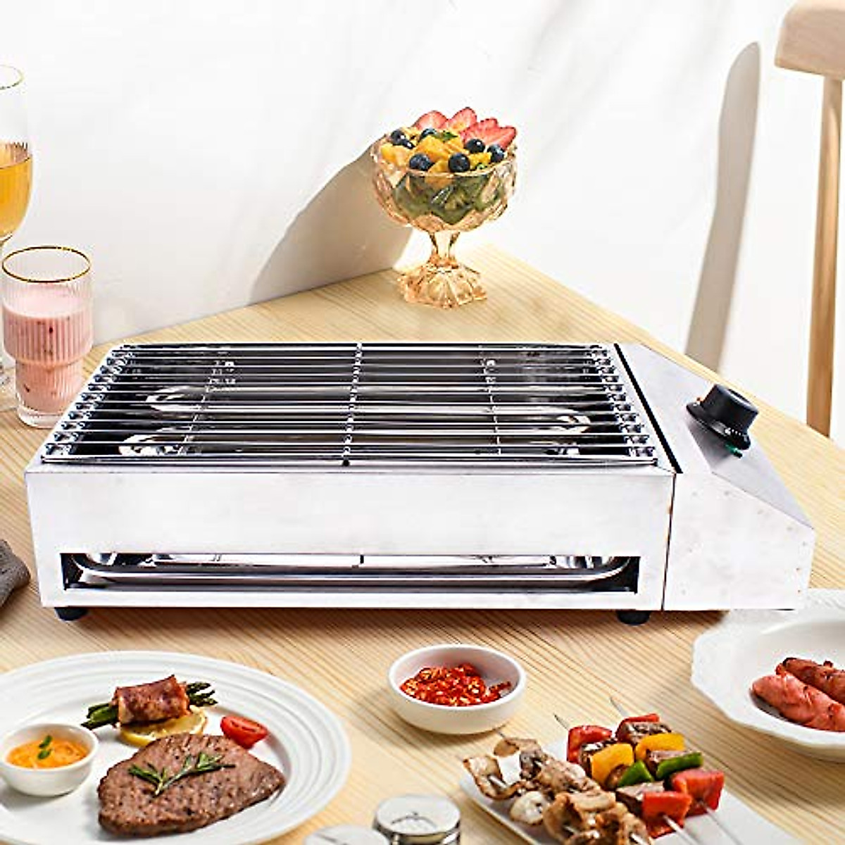 PIAOCAIYIN Gas BBQ Grill, 2 Burner LPG portable grill, Stainless Steel Camping Party BBQ Tabletop, Adjustable Height Propane Tabletop Gas Grill, Smokeless Outdoor Barbecue Cooker for Camping Cooking