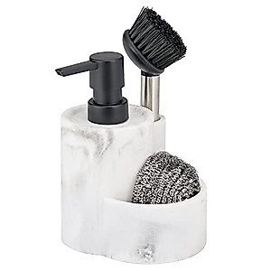 mDesign Kitchen Sink Pump and Storage Caddy Tray Set for Counter - Liquid Dish and Hand Soap Dispenser and Brush Holder Organizer Container for Sponge, Scrubber, and Accessories - Marble